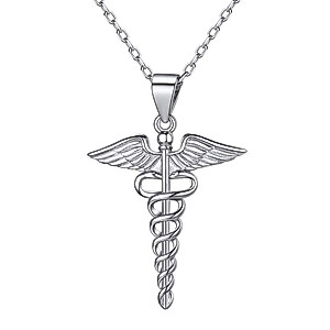 Nofade Silver Caduceus Symbol of Medicine Necklace 925 Sterling Silver Pendant Necklace for Doctor or Nurse Perfect Holiday Gift Jewelry Gift