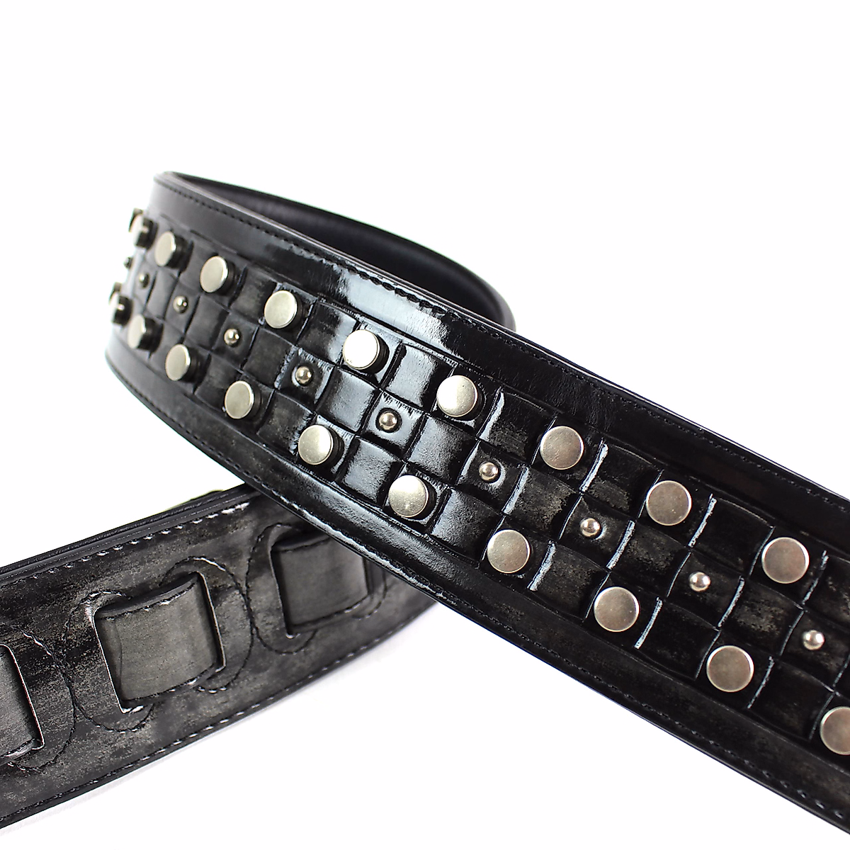 Walker & Williams DLX-215 Antiqued Black Finish Padded Guitar Strap with Metal Studs For Acoustic, Electric, And Bass Guitars