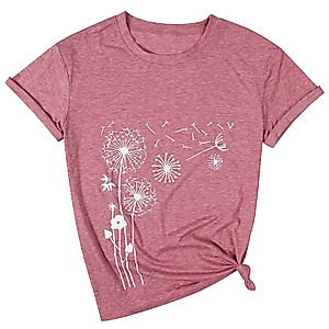 Dandelion Shirt Women Faith Graphic Shirts Make A Wish Vintage Tee Wildflower Short Sleeve Tops（Pink, X- Large