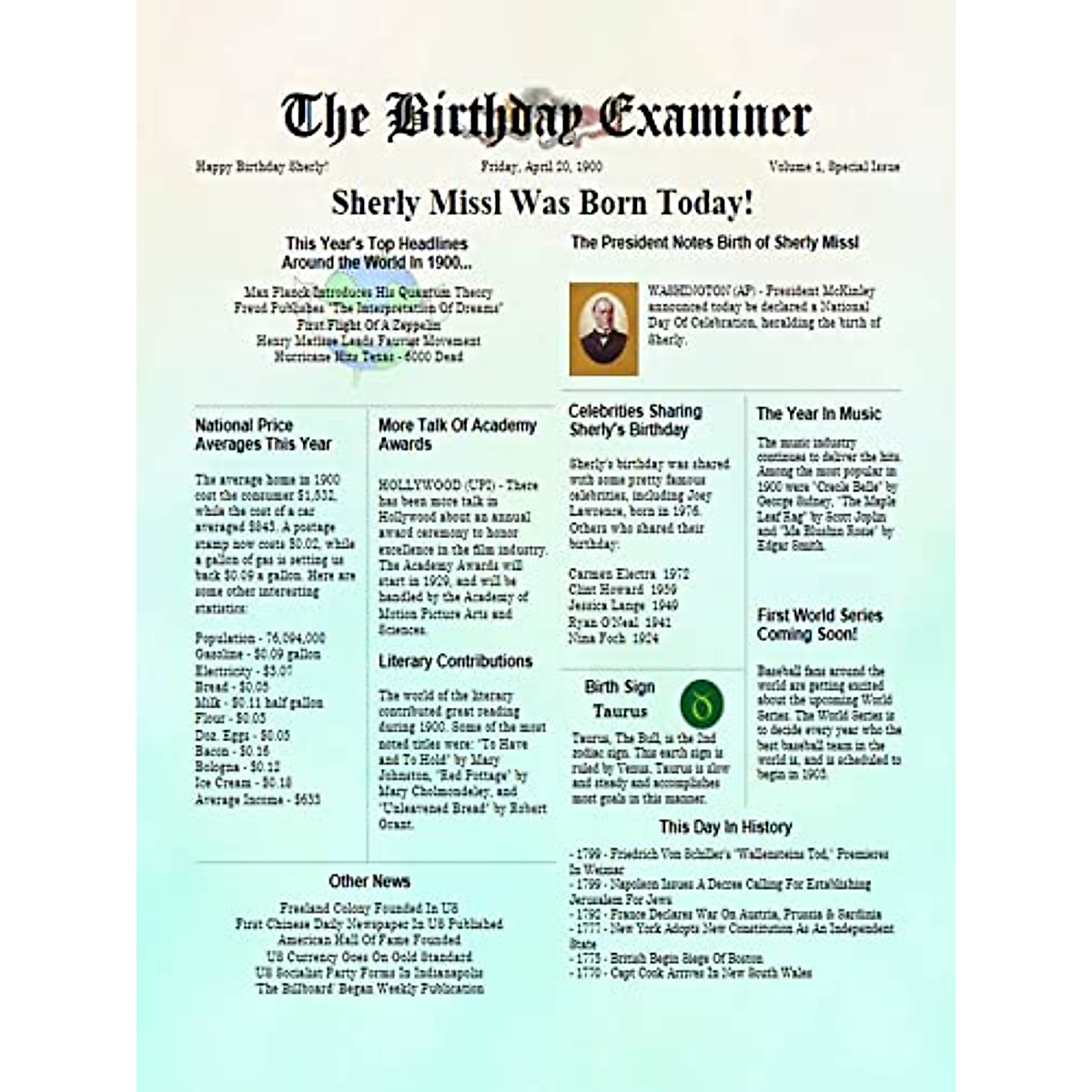 Historical Customized Personal Birthday Examiner Newspaper Chronical Art Print for the Day You Were Born from 1900 to 2020 (Heavenly Light)