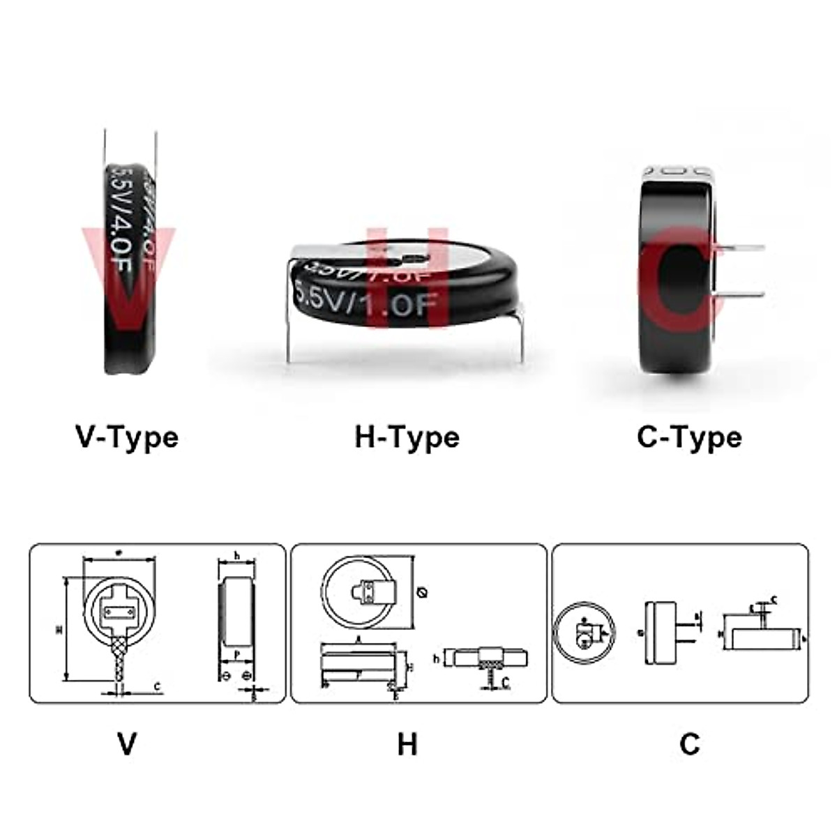 PIKIS 5.5V Super Capacitor V-Type Supercapacitor 0.1F 0.22F 0.33F 0.47F 0.68F 1F 1.5F 4.0F Super Capacitor Button Capacitance (Size : 5.5V0.47F-V)