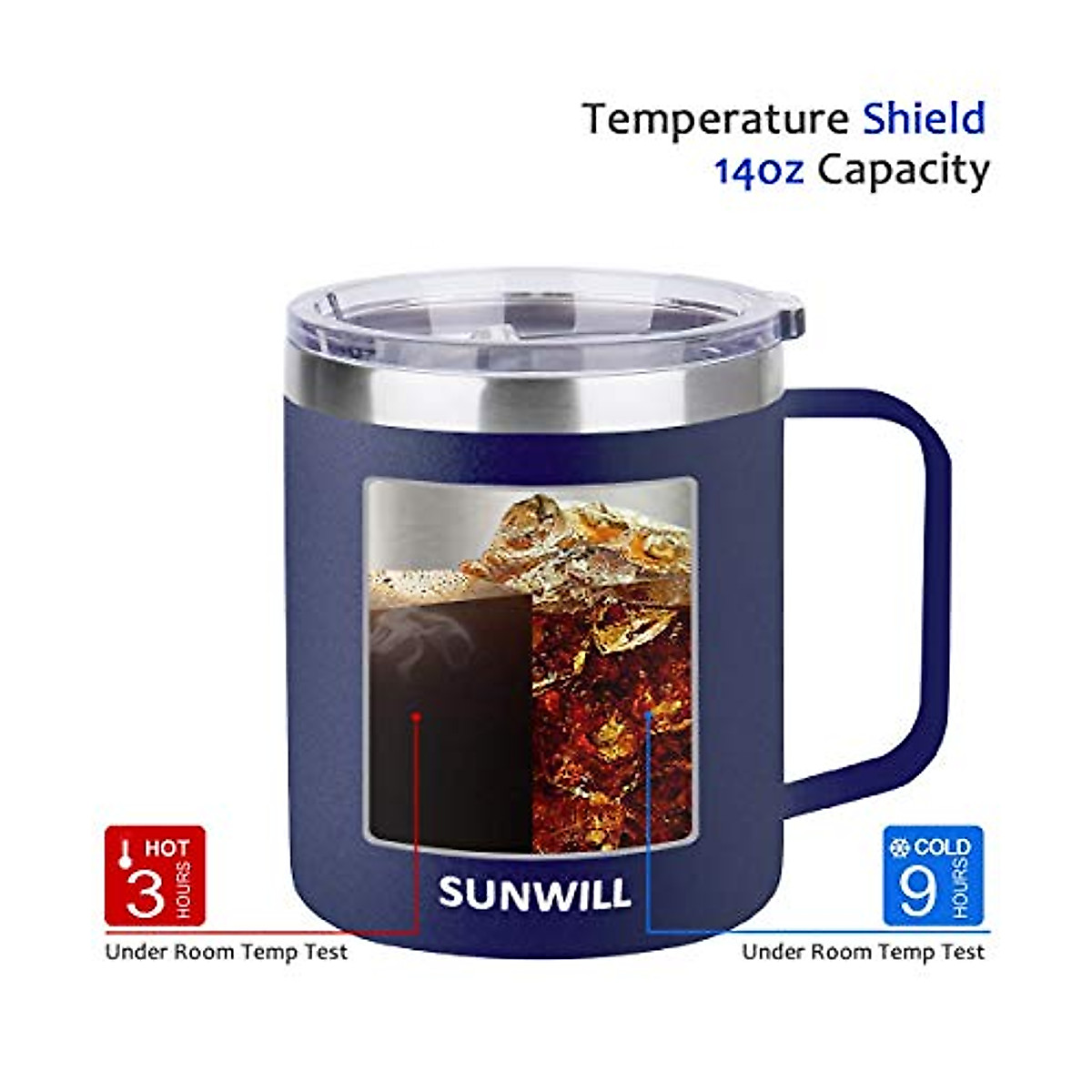SUNWILL 14 oz Coffee Mug, Vacuum Insulated Camping Mug with Lid, Double Wall Stainless Steel Travel Tumbler Cup, Coffee Thermos Outdoor, Powder Coated Navy Blue