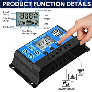 Solar Battery Controller 12v/24v Solar Panel Charge Controller Ground Solar Panel Controller Regulator with Adjustable LCD Display and Dual USB Port Timer Setting PWM Auto Parameter(2 Pieces,30A)