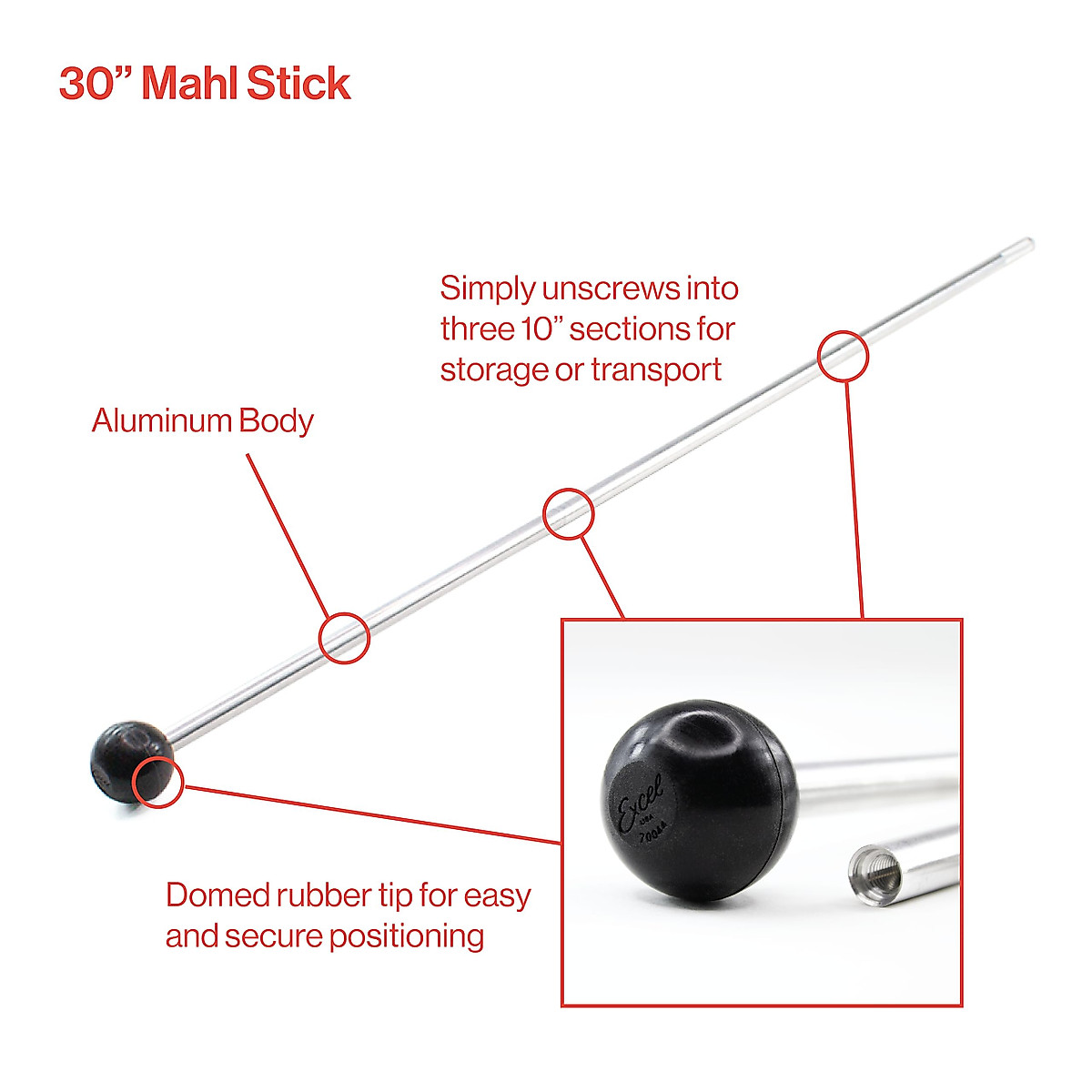 Excel Blades Aluminum Mahl Stick for Painting, Painter Hand Rest, 30 inches, Artist and Painter Tools and Accessories, 3 Sections with Rubber End Rest