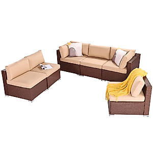 SUNVIVI OUTDOOR 6 Piece Patio Furniture, All-Weather Brown Wicker Outdoor Sectional Couch with Washable Removable Beige Cushions