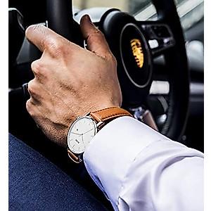 BUREI Men's Fashion Wrist Watch Minimalist Simple Watches for Men Ultra Thin Watch Analog Quartz Watches Leather Strap Watches with Date (Silver Brown)