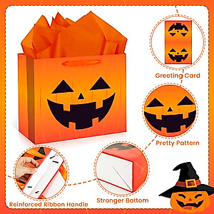 Large Orange Halloween Party Gifts Bags with Handles,Halloween Wrapping Tissue Paper with Greeting Card,Pumpkin Halloween Paper Bags Trick or Treat for Halloween Birthday Party Favors Gifts Supplies