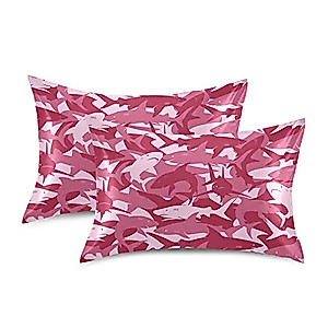 Sharks Camo Pink Pillow Covers Silk Pillowcase for Hair and Skin Soft Smooth Breathable Cooling Satin Pillowcase Standard Size Pillow Case for Bedroom Bed Sleeping (20x30 Inch)