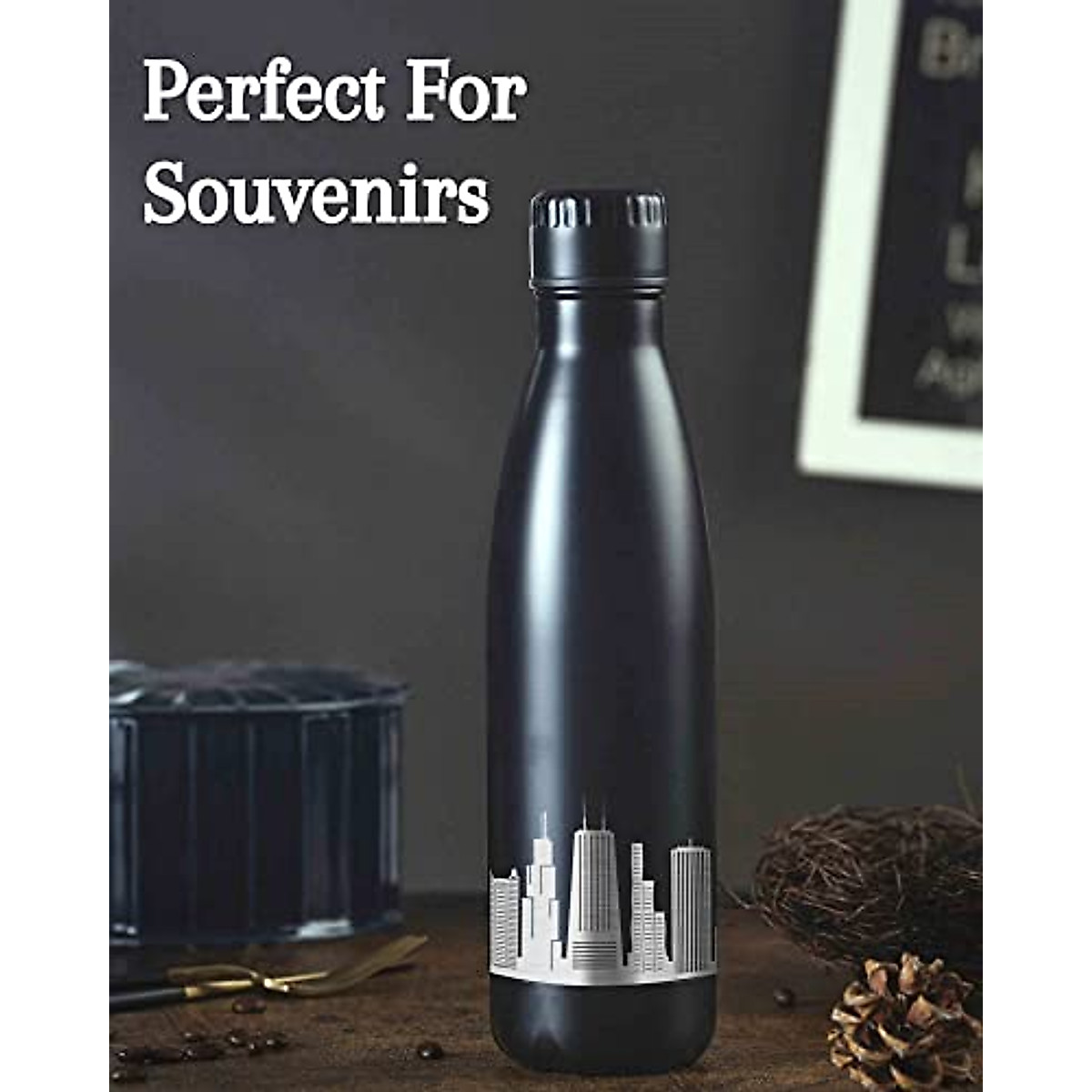 Chicago City Skyline Gifts, Chicago Gifts for Chicago Lovers, Skyline Map 17oz/500ml Stainless Steel Insulated Water Bottle, Perfect for Birthday & Christmas