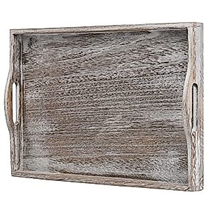 DEAYOU Rustic Wood Serving Tray, 17" Ottoman Wooden Tray for Coffee Table, Farmhouse Vintage Decorative Tray Platter with Cutout Handle for Eating, Breakfast, Living Room, Rectangle, 17" L x 11" W