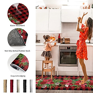 Merry Christmas Kitchen Rugs Sets 2 Piece Floor Mats Poinsettia Flowers Red Black Buffalo Plaid Doormat Non-Slip Rubber Backing Area Rugs Washable Carpet Inside Door Mat Pad Sets-16"x 24"+16"x47"