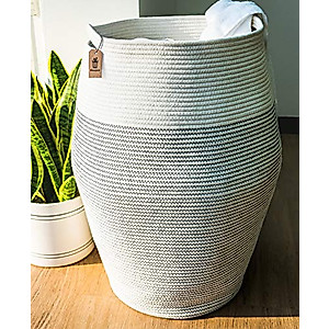 Goodpick Laundry Hamper | Woven Cotton Rope Dirty Clothes Hamper Tall kids Curve Laundry Basket Large, (White, 25.6 x 17.71 Inch)