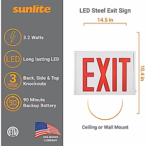 Sunlite 05276 LED Steel Exit Sign, White Housing with Bright Red Lettering, 90-Minute Battery Power Back-Up, Dual Voltage 120-277V, Ceiling or Wall Mount, Long Lasting, Fire Safety, NYC Compliant
