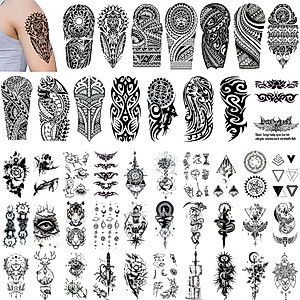 GLARYYEARS Maori Temporary Tattoo for Men Adults, 46-Pack Large Small size Realistic Tattoos, Totem Tribal Tiki Turtle Manta Fake Tattoo Stickers, Long-lasting Cool Black Body Half Arm Tattoos