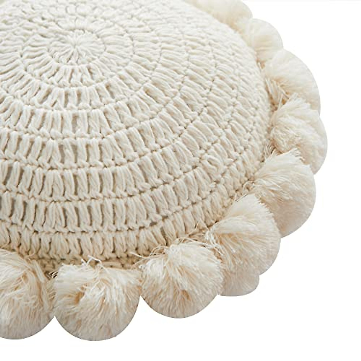 Boho Round Throw Pillow with Cute Handmade Pom Poms Tassels 18 Inch, Decorative Circular Knitted Crochet Cushion for Couch, Sofa, Chair, Bed, Beige