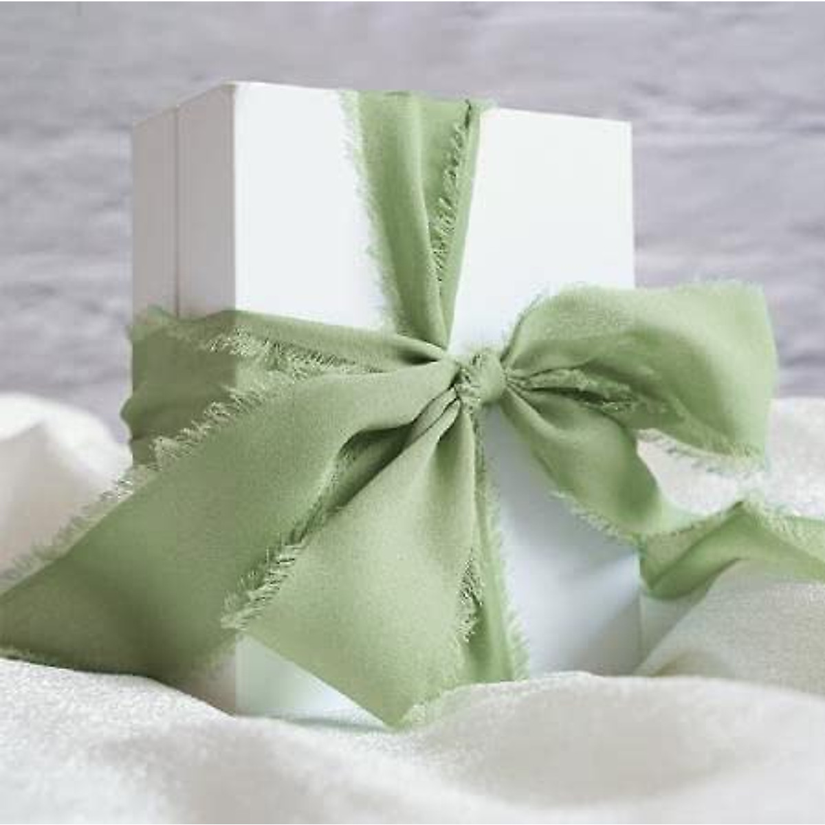 Chiffon Silk Ribbon Green & White Handmade Frayed Fringe Sheer Boho Ribbon for Flower Bouquet, Gift Wrapping, Wedding Invitations, 1-1/2'' 5 Yards*4 Rolls