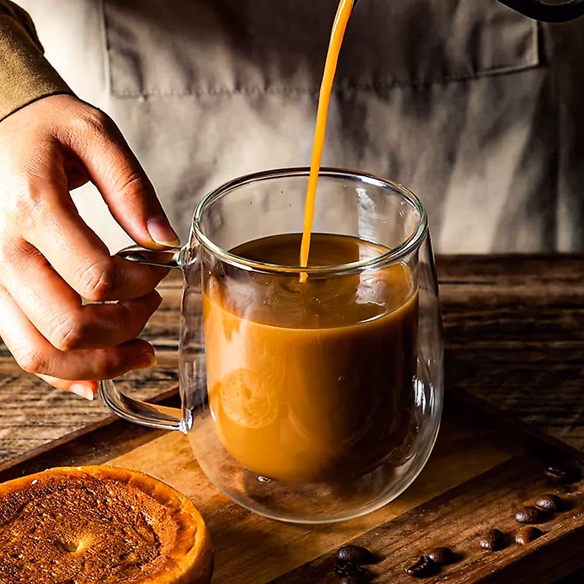 Mugs 12 oz Glass Espresso Cup with Lids Spoon - Double Wall Insulated Clear Coffee Mugs With Handle & Suspended Base Design - Thick Expresso Coffee Cups For Americano, Lattes, Tea (Set of 2,Gift Box)