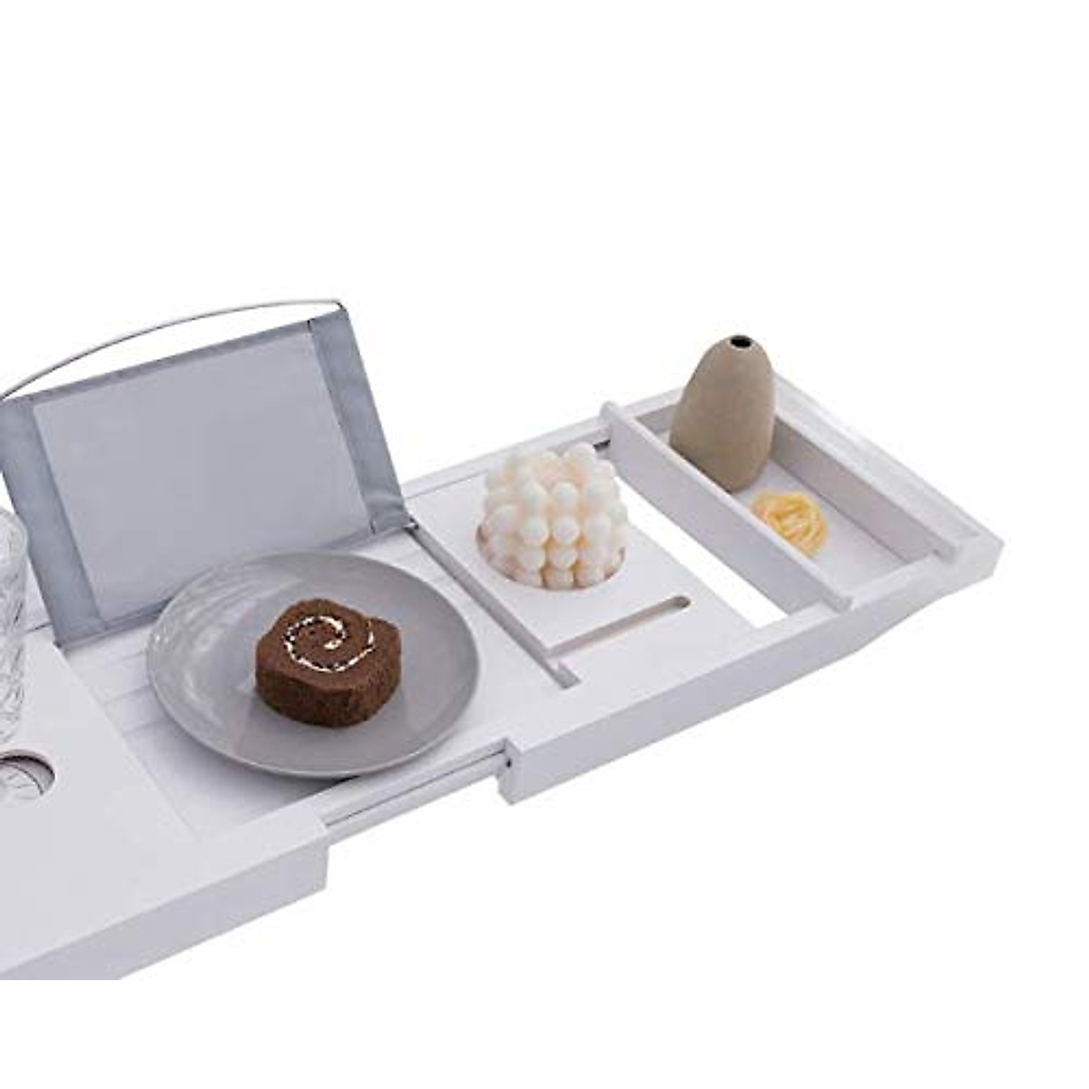 GEZITREND Luxury Bamboo Bathtub Caddy Tray Bathroom Furniture Expandable and Nonslip Bath Caddy with Book/Tablet and Wine Glass Holder Free Soap Holder Great Gift (White)