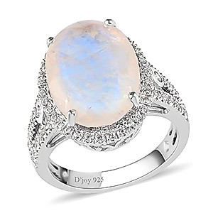 Moon Glow Moonstone White Zircon 925 Sterling Silver Platinum Plated Halo Ring for Women Jewelry Gifts Size 6 Ct 8.7