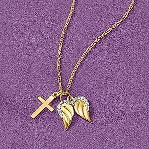 Ross-Simons 14kt Yellow Gold Cross and Angel Wings Pendant Necklace With Diamond Accents. 18 inches