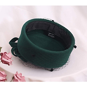 Z&X British Vintage Wool Felt Pillbox Hat Ladies Church Derby Winter Fascinator Hat Veil Flower Fedoras Green