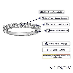 Vir Jewels 1/2 carat (ctw) Diamond Wedding Anniversary Band for Women, Round Diamond Engagement Ring 14K White Gold 10 Stones Prong Set 0.50 cttw I1-I2, Size 7.5