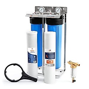 2-Stage Whole House Water Filter System 20x4.5" w/Wrench, Stainless Steel Frame & Pressure Gauge & Release Button (1" Port) - 5 Micron PP Sediment Filter & Carbon Block Filter - Fits iSpring FC25B