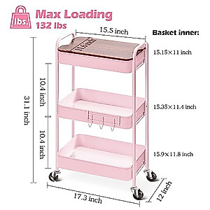 TOOLF 3-Tier Rolling Cart, Metal Utility Cart with Detachable Tray Top, Storage Craft Art Cart Trolley Organizer Serving Cart Easy Assembly for Office, Bathroom, Kitchen, Kids' Room, Classroom