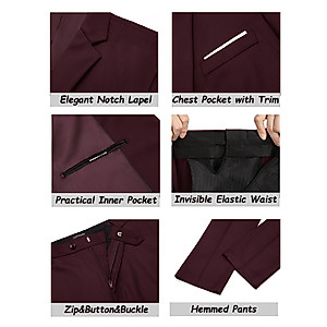 COOFANDY Christmas Suits for Men 2 Pieces Slim Fit Solid Color 2 Buttons Jacket Pants for Wedding Dinner Party Burgundy