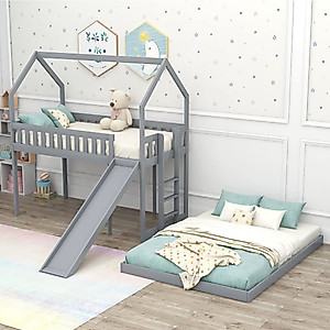 TARTOP Twin Over Full House Bunk Bed with Slide, Wood Floor Bunk Bed with Built-in Ladder, Full-Length Guardrail, for Kids Girls Boys,Gray