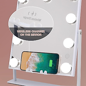 Fenair Lighted Vanity Mirror with Lights Speaker and Wireless Charging,Makeup Mirror with Lights and 10X Magnification Hollywood Mirror with 9 Dimmable LED Bulbs(White)