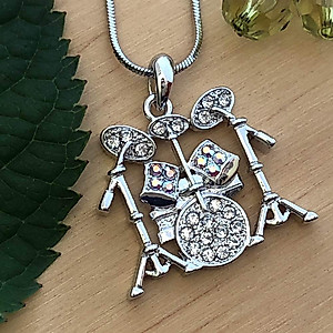 PammyJ Music Jewelry - Drum Set with Clear Crystals Pendant Necklace, 17.5"