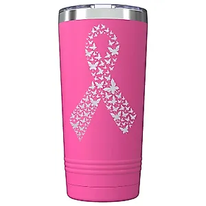shop4ever Breast Cancer Ribbon Butterfly Insulated Tumblers 20 oz. with Lid, Stainless Steel Cups Travel Coffee Mug (Pink)