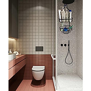 kinla Rustproof Shower Caddy 2 Tier Bathroom Organizer with Hooks and Shelves - Overhead Hanging Storage Rack for Shampoo, Soap, Razor, and Washcloth (Black)