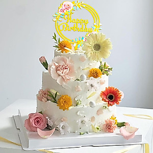 32 PCS Gold Happy Birthday Cake Toppers Flower Acrylic Gold Birthday Cake Topper Cake Pick Decorations for Birthday Party Cake Desserts Pastries (Gold)