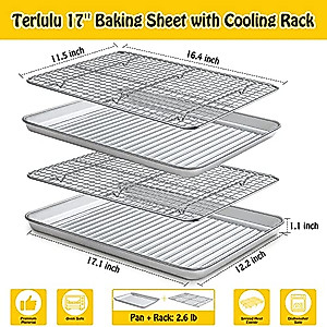 Baking Sheet with Cooling Rack Set(2 Pans+2 Racks) 17'', Terlulu Stainless Steel Baking Pan with Wire Rack, Heavy Duty Half Sheet Pan&Bacon Rack for Oven Cooking, Cookie Sheet, 17.1 x 12.2 x 1.1 Inch