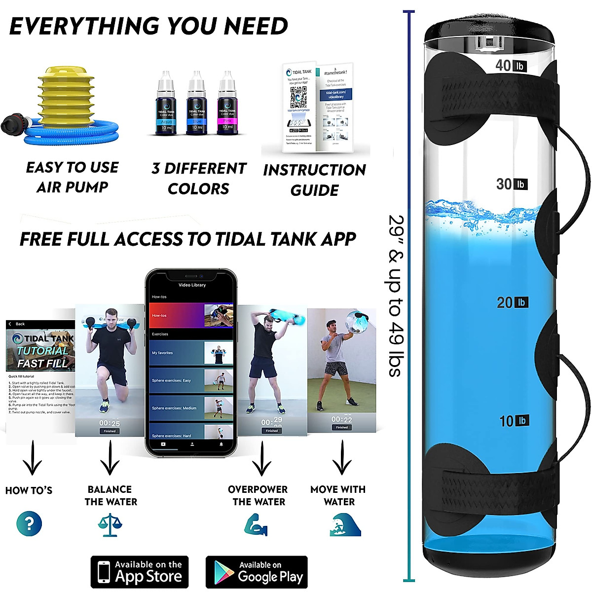 Tidal Tank Classic - Aqua Bag with Water, Sandbag Weighted Workout Equipment for Strength Training Adjustable Weights for Core Stability, Free App for Full Body Workout - up to 49 lb