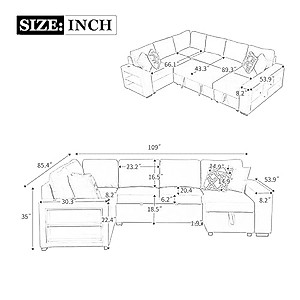 Acosure 109" U-shaped Sectional Pull-out Sofa Bed with Storage Chaise,2-in-1 Convertible Couch W/ 4 Back Pillows & 2 USB Ports,Luxurious Sleeper Furniture Set for Living Room Large Space,Grey Chenille