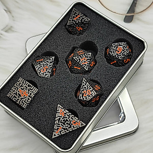 DND Metal Hollow Dice 7 Piece Set - (Free Metal Box) Maze Polyhedron Dice Suitable for Board Game RPG Math Teaching Warhammer MTG Game Dice （Pearl Gun）