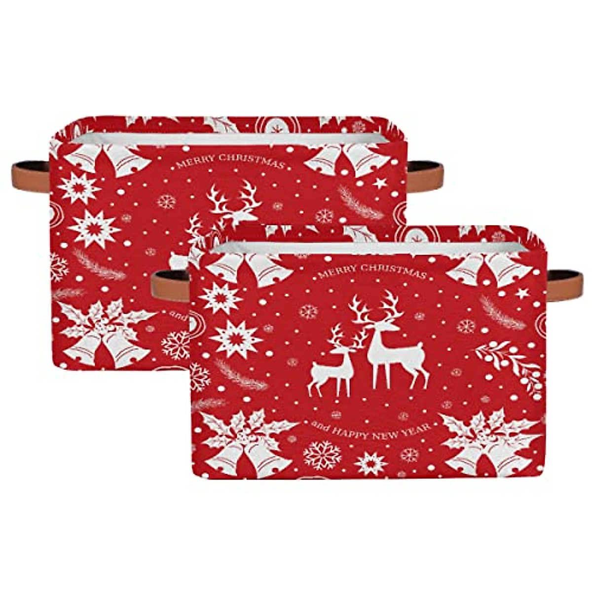 Cute Christmas Decor Storage Basket Bins Cubes Organizer Xmas Red and White Deer Foldable Storage Box with Leather Handles Collapsible Closet Storage Bins for Shelves Kids Toys Closets Nursery Bedroom