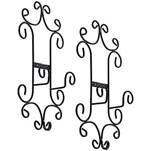 MyGift Wall Plate Display Holder, Set of 2 - Vintage Scroll Work Style Black Metal Wall-Mounted Tea Cup and Saucer Hanging Rack, Holds Plates Up To 11 Inches