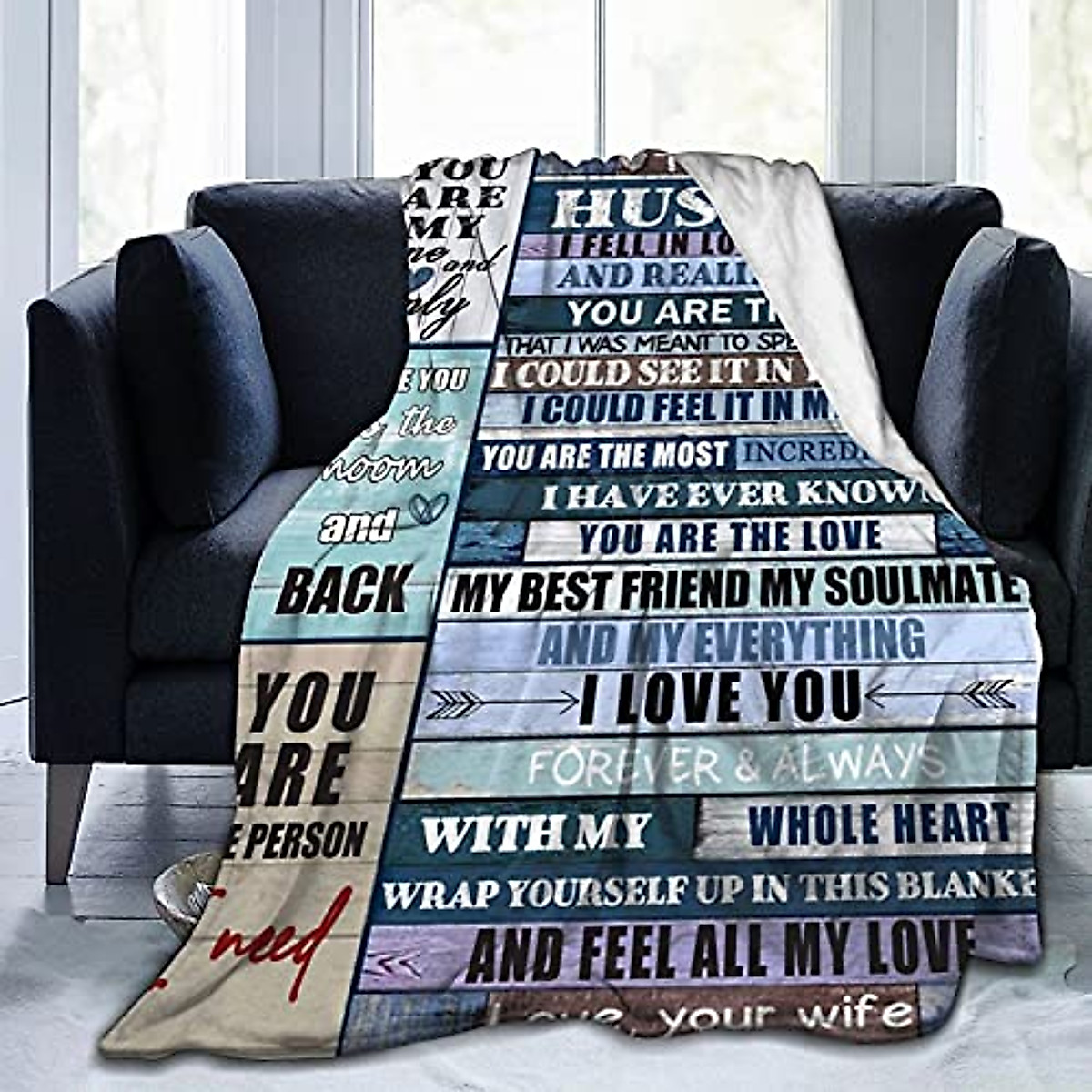 HAXOILO to My Husband Blanket from Wife Throw Letter Blankets for Couch Sofa Bed Warm Flannel Positive Encourage Throws Anniversary Birthday 50X60 Inch