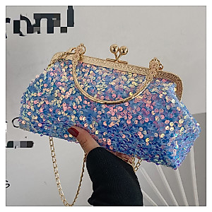 WIGUYUN Women Sequins Evening Handbag Glitter Top Handle Purse Chain Cross-body Bag Blue
