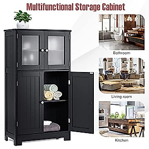 Tangkula Bathroom Floor Cabinet, Freestanding Storage Cabinet w/Glass Doors, Wood Kitchen Cupboard w/Adjustable Shelf, Bathroom Storage Cabinet for Hallway Living Room Office (Cabinets, Black)
