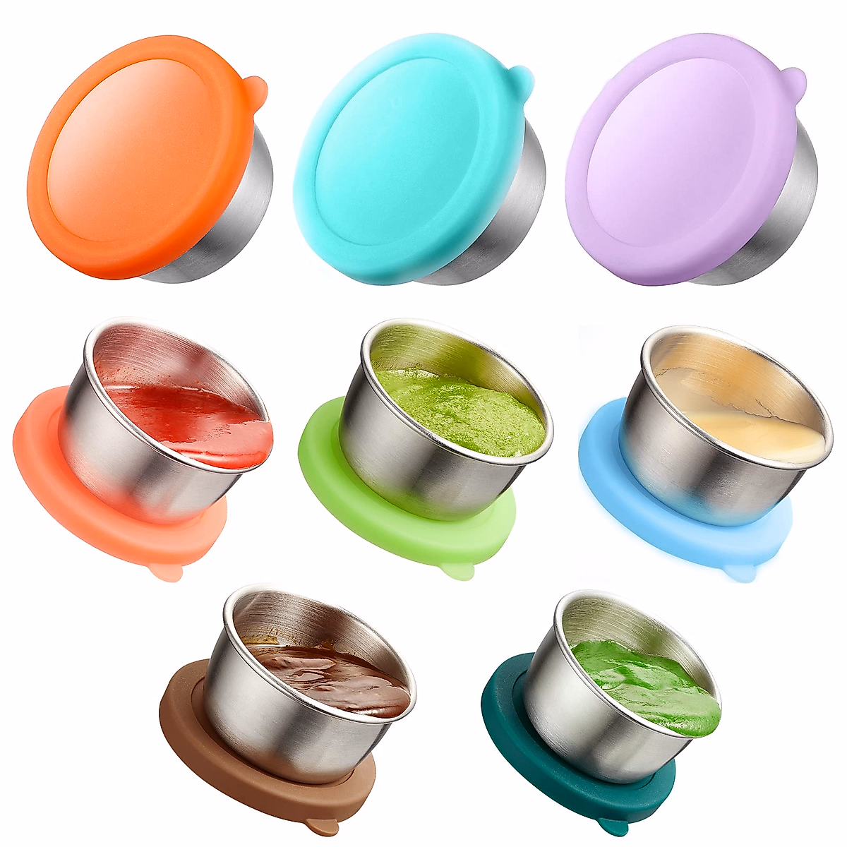 8 Pack Salad Dressing Container To Go, Gencywe 1.6oz Stainless Steel Condiment Cup, Condiment Containers with Lids, Reusable Small Containers with Silicone Lids, Leakproof Dipping Sauce Cups for Lunch