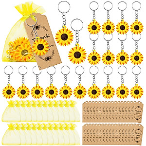 OSNIE 60 Pcs Sunflower Party Favors Include Keychains Organza Bags Thank You Kraft Tags, Cutie Sunflower Ornament Keychains Pendants Hanging Return Gifts for Spring Birthday Bridal Wedding Baby Shower
