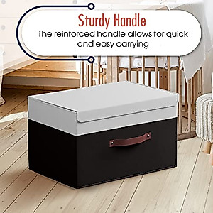 Ornavo Home 3 Pack Collapsible Storage Bins with Lid, Foldable Linen Fabric Shelf Storage Basket Closet Organizer and Large Storage Box for Clothes with Leather Handles, 15 x 10 x 9, White/Black