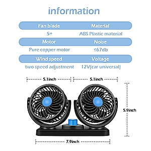 Dual Head Car Fan with Cigarette Lighter Adaptor,2 Speed Strong Quiet Wind+All-Round Adjustment Car Fans that Blow Cold Air Wide Range,Summer Car Essentials Desk Fan for SUV RV Truck Dashboard