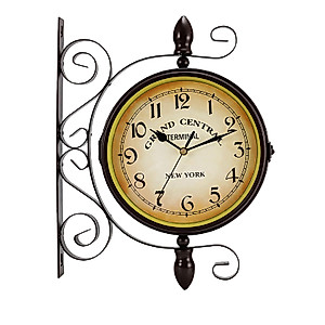 Dyna-Living Double Sided Wall Clock 8-inch Vintage Wall Clock Wall-Mounted 360-degree Rotation Retro Train Station Clock Wrought Iron Double Sided Clock for Indoor Patio Garden Home Use