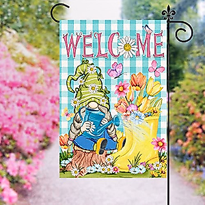 Spring Garden Flag, Spring Flags 12x18 Double Sided, Burlap Hello Spring Yard Flag with Gnomes Boots Blossoms Butterfly Welcome Seasonal Vertical Summer Signs for Outdoor Outside Lawn Decorations